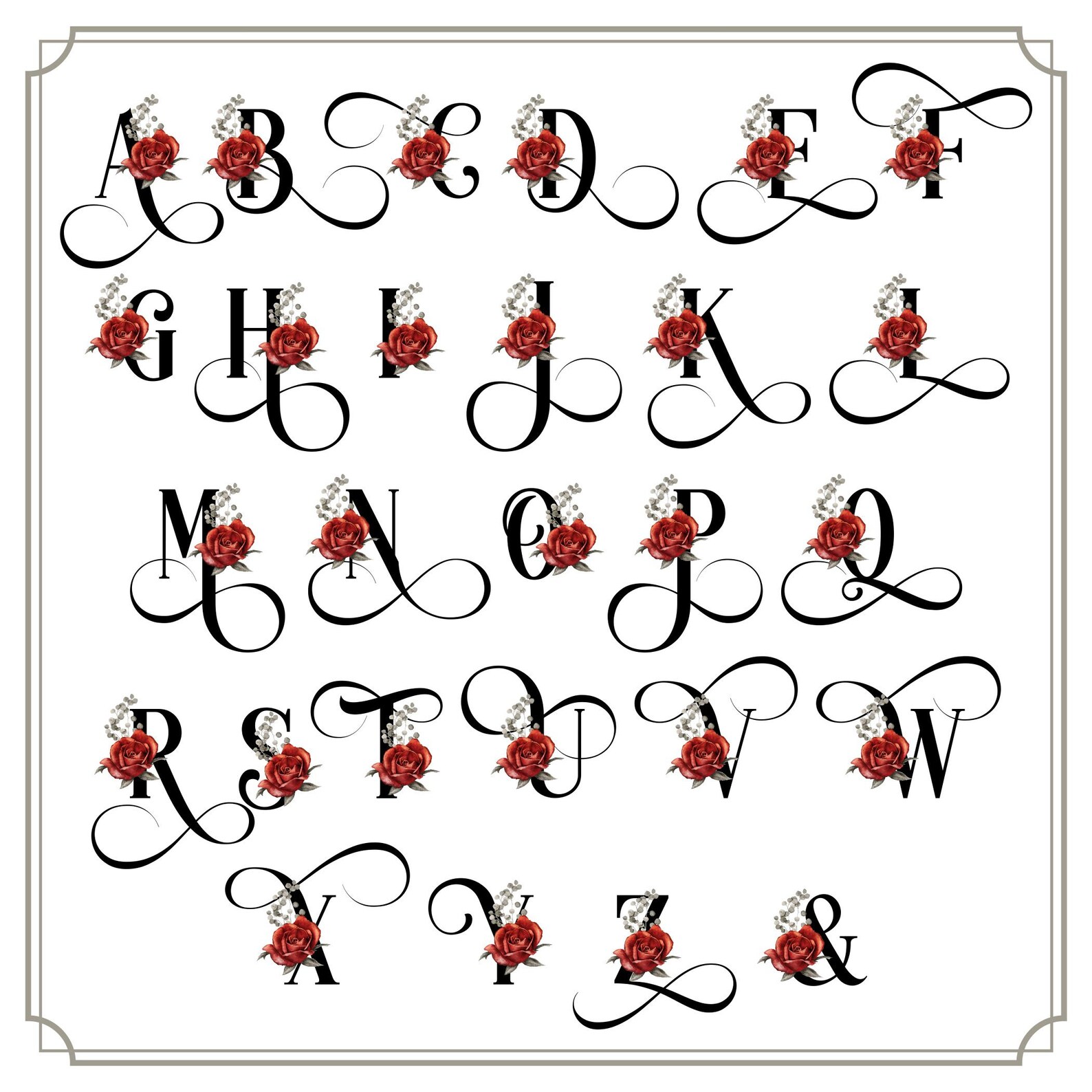 Watercolor Flowers Alphabet PNG Black Red Rose Floral | Etsy