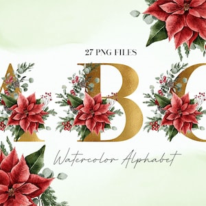 Watercolor Flowers Alphabet PNG, Gold Pink Red Floral Alphabet ...