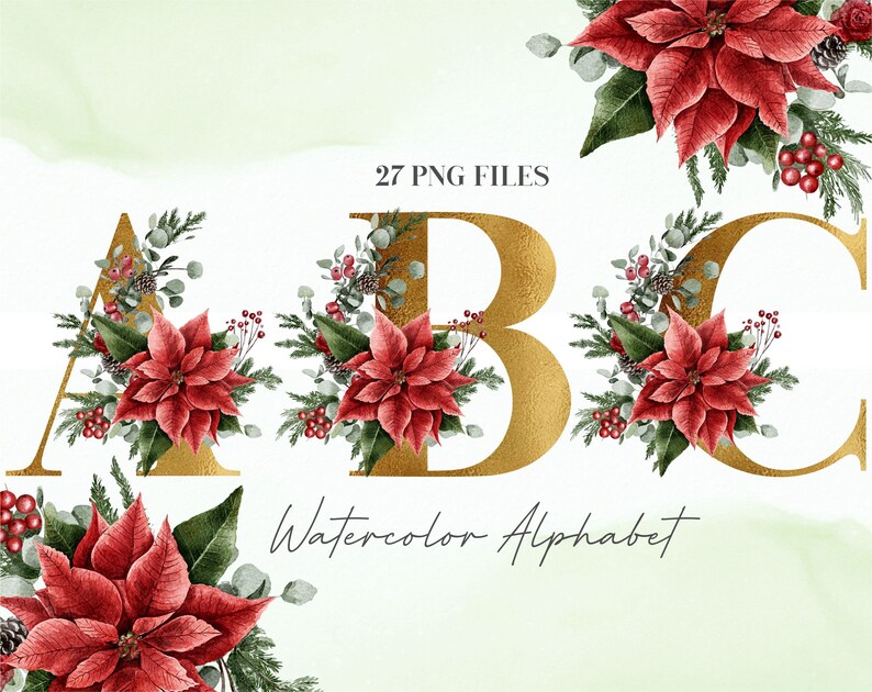 Watercolor Flowers Alphabet PNG, Gold Pink Red Floral Alphabet ...