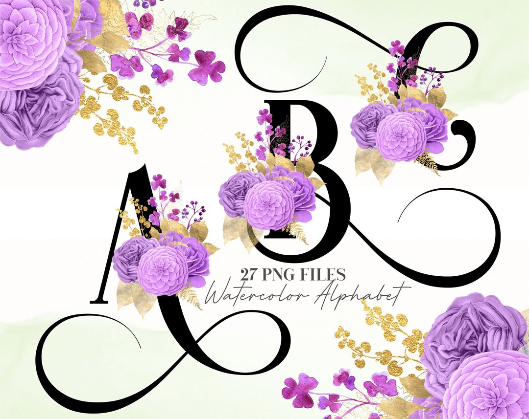 Watercolor Flowers Alphabet PNG, Black Violet Flowers Alphabet Clip Art ...