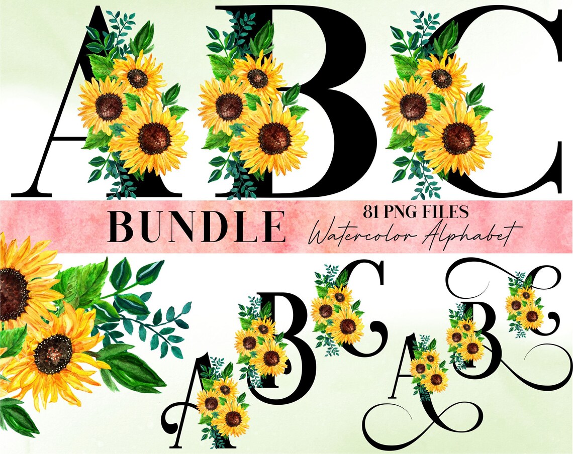 Bundle Watercolor Flowers Alphabet PNG, Black Letters Alphabet ...