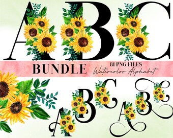 Bundle Watercolor Flowers Alphabet PNG Black Letters Alphabet | Etsy