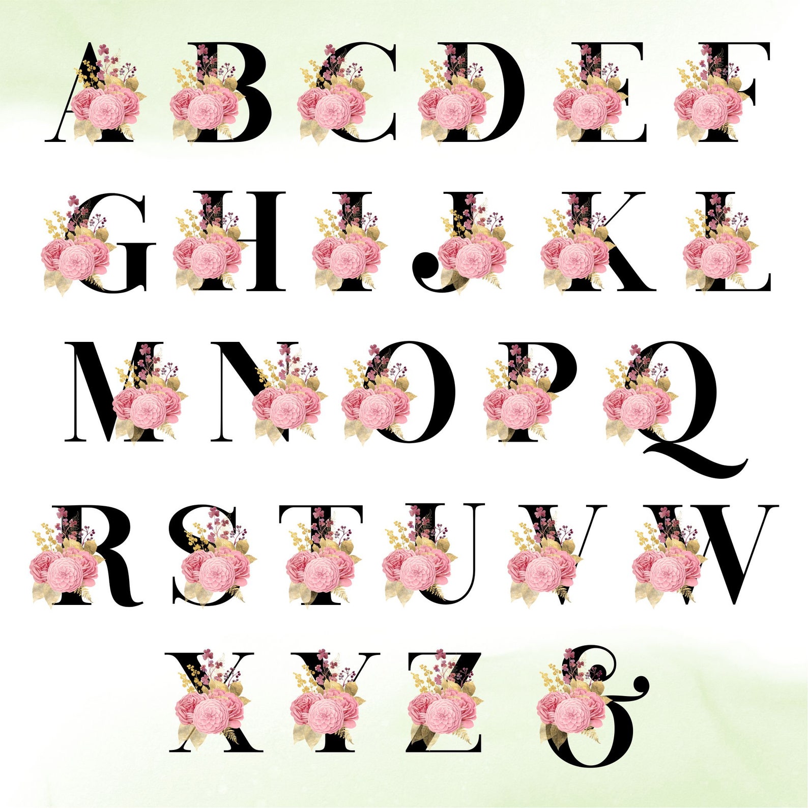 Bundle Watercolor Flowers Alphabet PNG Black Letters Alphabet | Etsy