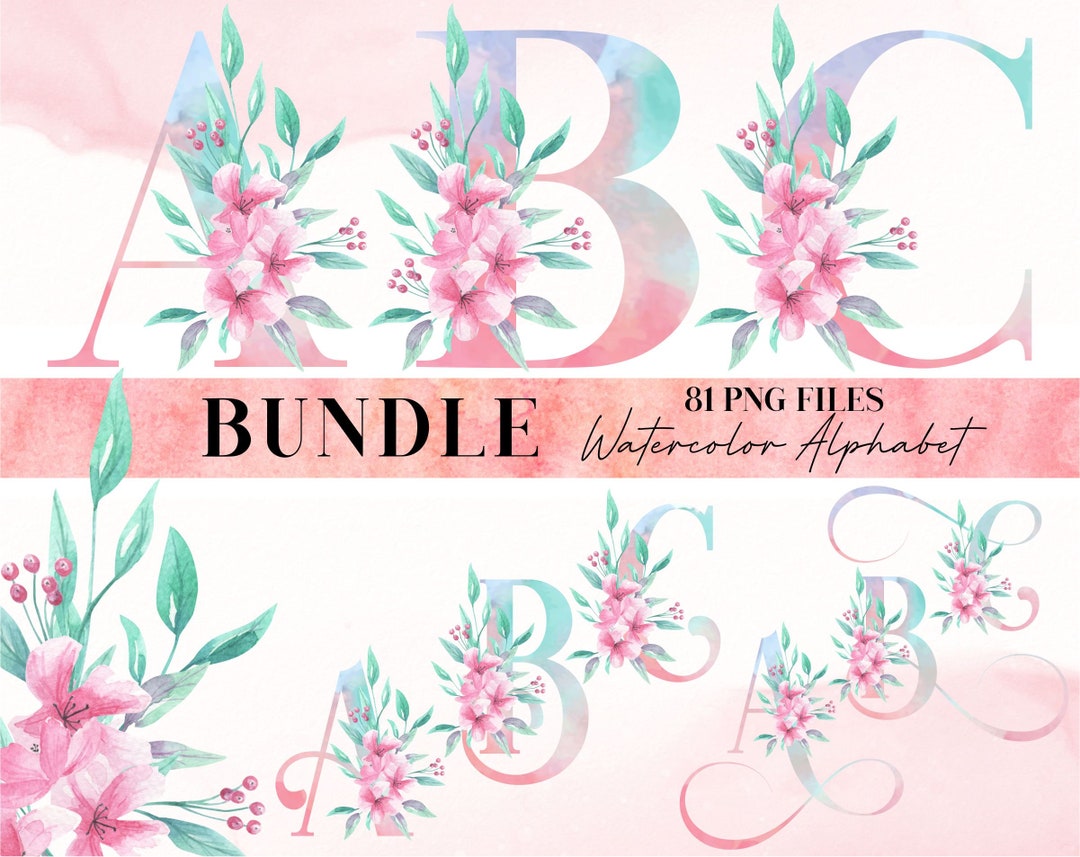 Bundle Watercolor Flowers Alphabet PNG, Pink Aqua Watercolor Alphabet ...