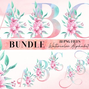 Bundle Watercolor Flowers Alphabet PNG, Pink Aqua Watercolor Alphabet ...
