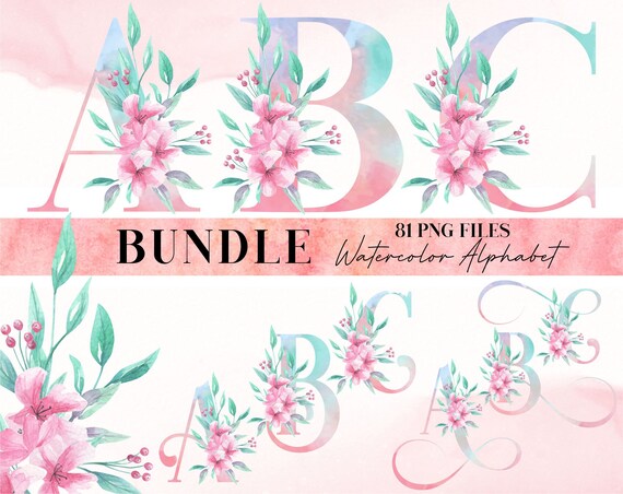 Bundle Watercolor Flowers Alphabet PNG Pink Aqua Watercolor | Etsy