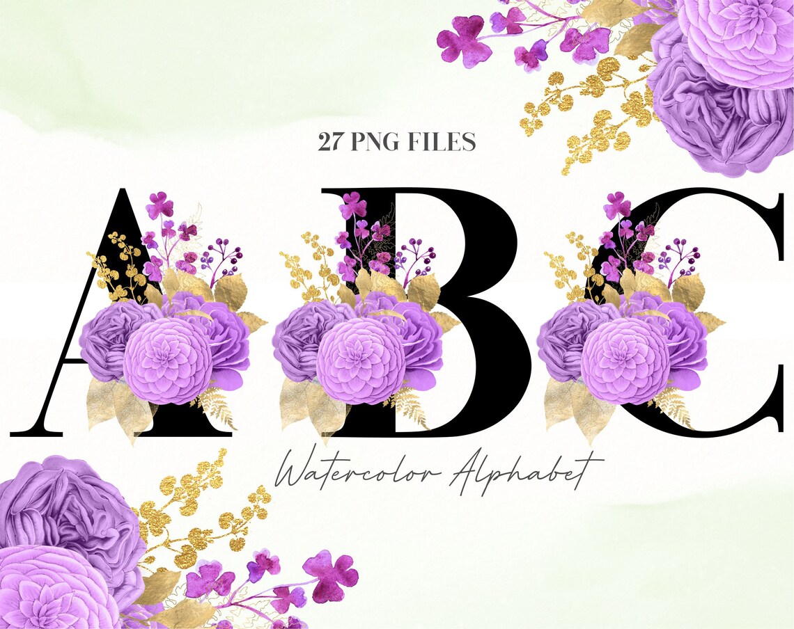 Watercolor Flowers Alphabet PNG Black Purple Floral Alphabet - Etsy