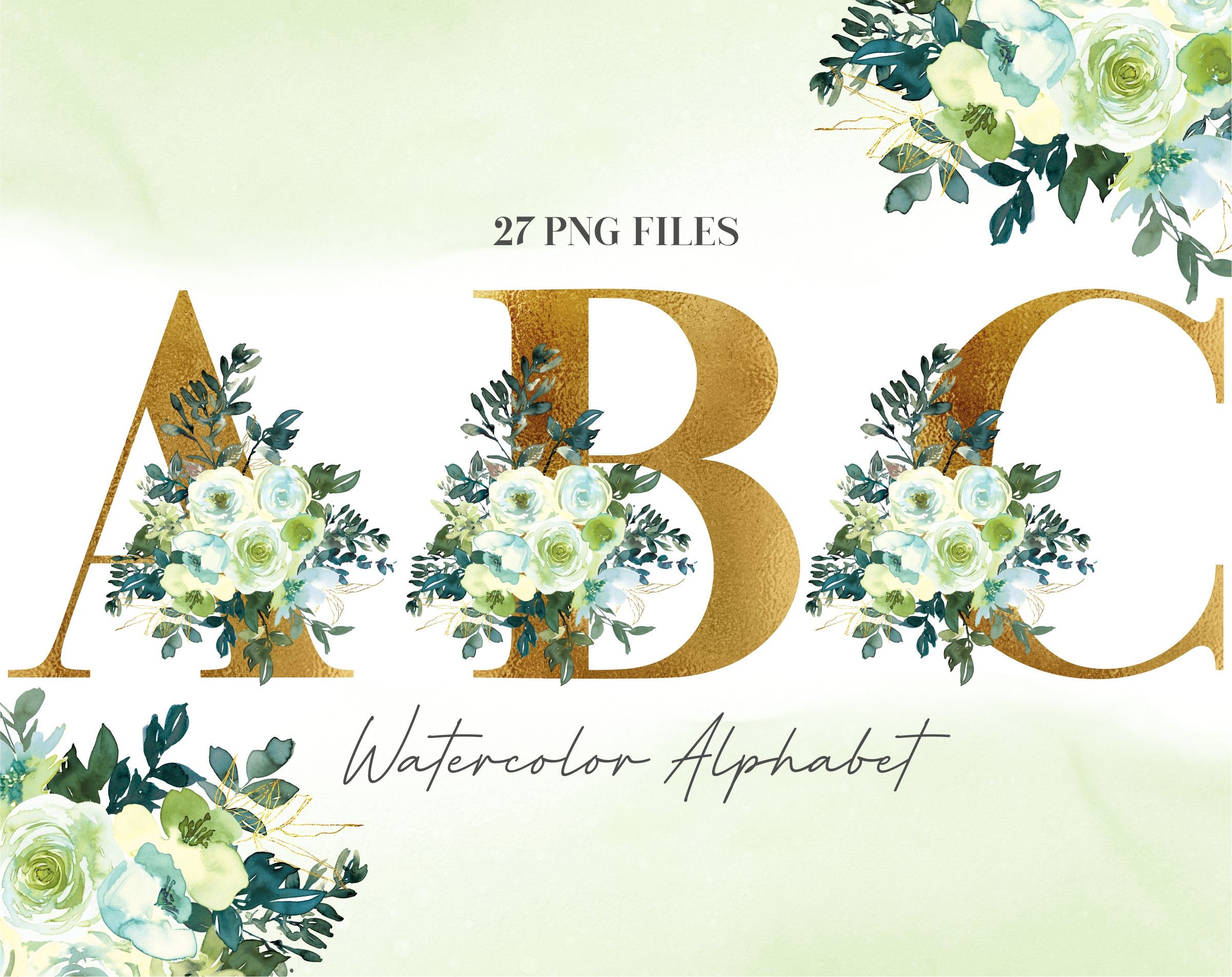 Bundle Watercolor Flowers Alphabet PNG Gold Floral Alphabet - Etsy