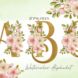 Watercolor Flowers Alphabet PNG, Gold Soft Pink Floral Alphabet Clip ...