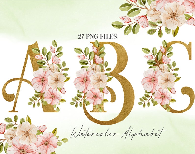 Watercolor Flowers Alphabet PNG, Gold Soft Pink Floral Alphabet Clip ...