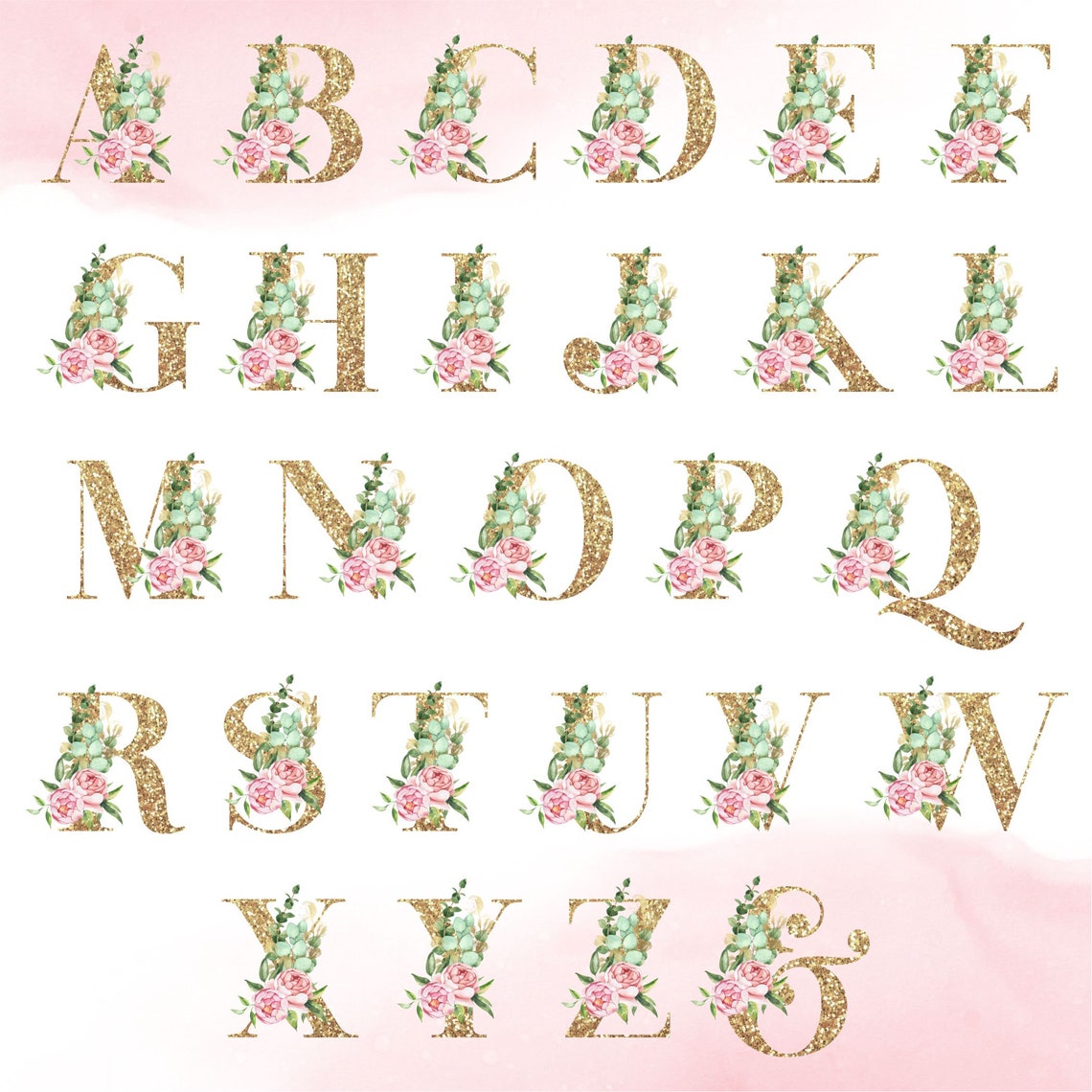 Bundle Watercolor Flowers Alphabet PNG, Gold Glitter Alphabet ...