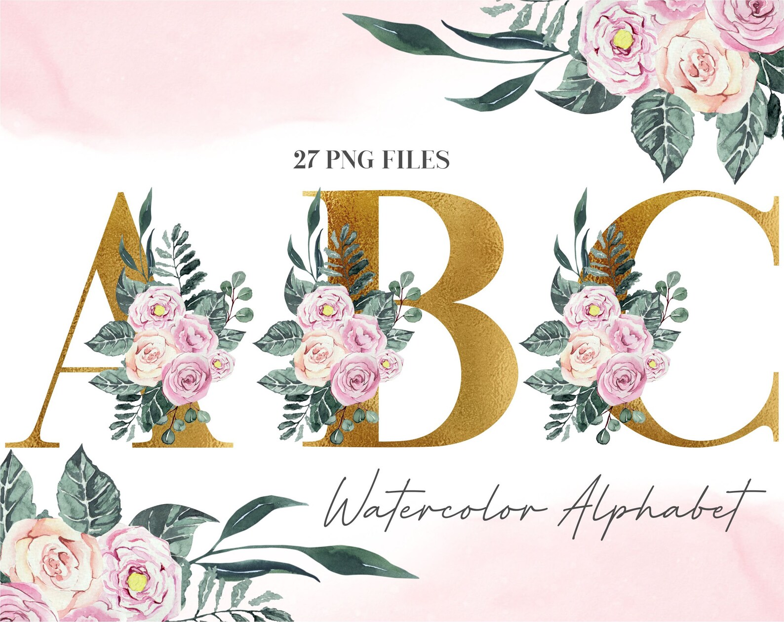 Watercolor Flowers Alphabet PNG, Gold Letters Pink Floral Alphabet Clip ...