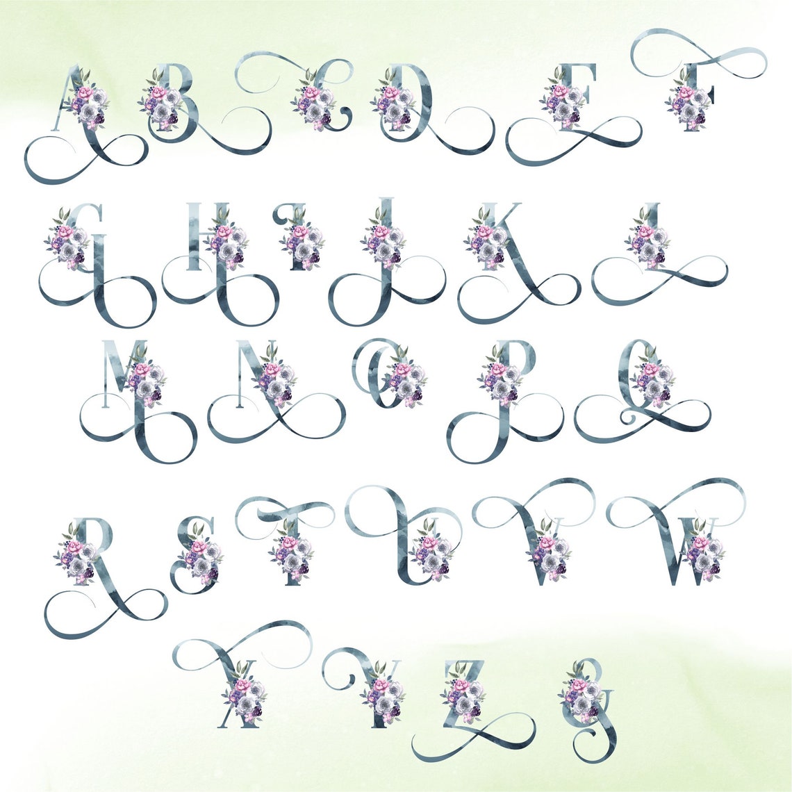 Watercolor Flowers Alphabet PNG, Blue Gray Pink Floral Alphabet ...