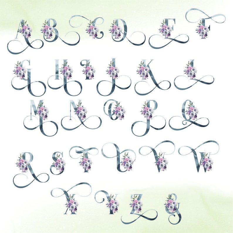 Watercolor Flowers Alphabet PNG Blue Gray Pink Floral - Etsy