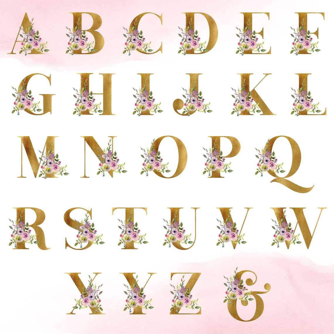 Bundle Watercolor Flowers Alphabet PNG Gold Pink Floral | Etsy