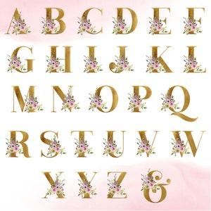 Bundle Watercolor Flowers Alphabet PNG, Gold Pink Floral Alphabet ...