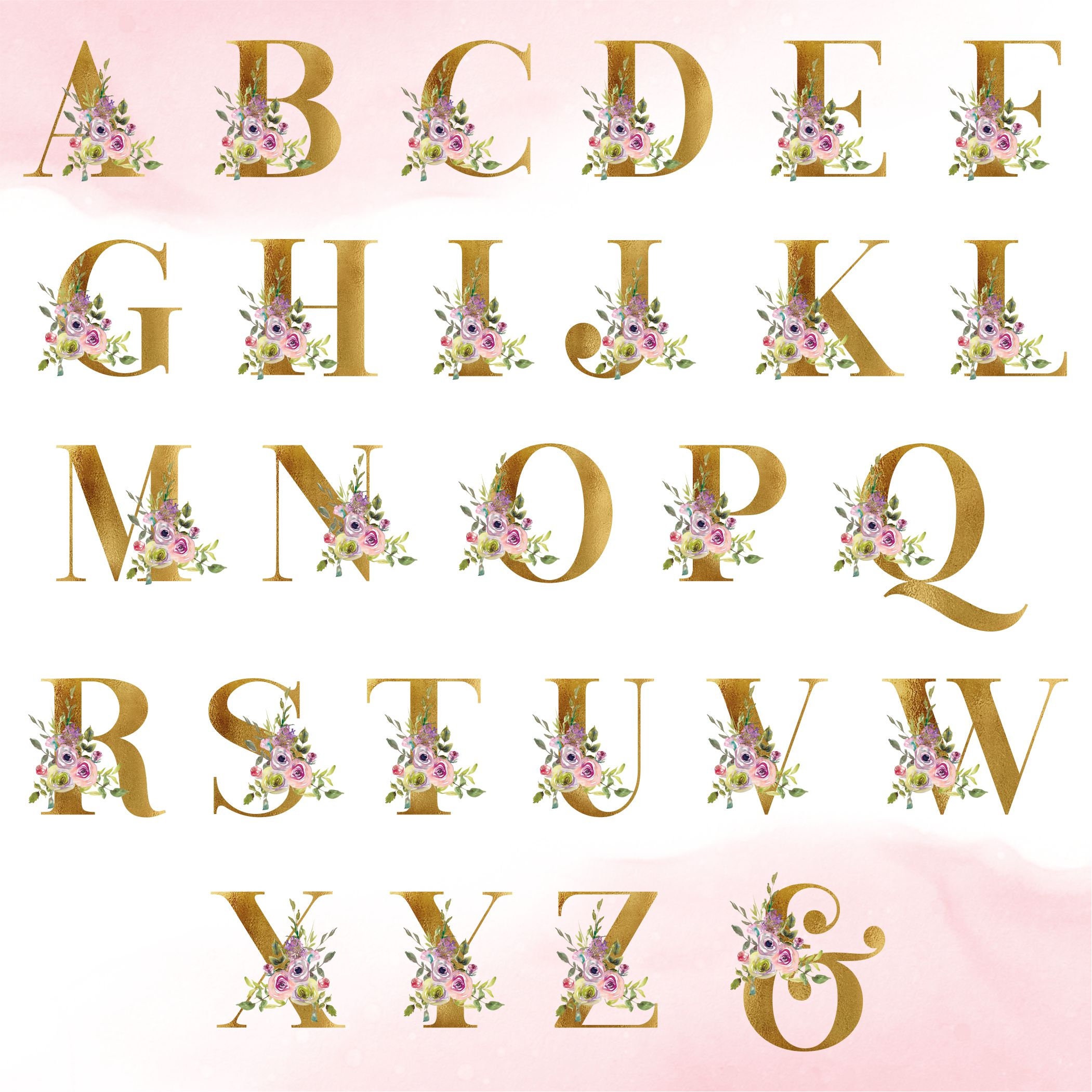 Bundle Watercolor Flowers Alphabet PNG Gold Pink Floral - Etsy