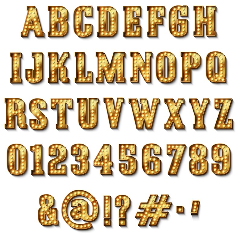 Gold Marquee Letters PNG, Light Bulbs Letters, PNG Letters, 3D Letters ...