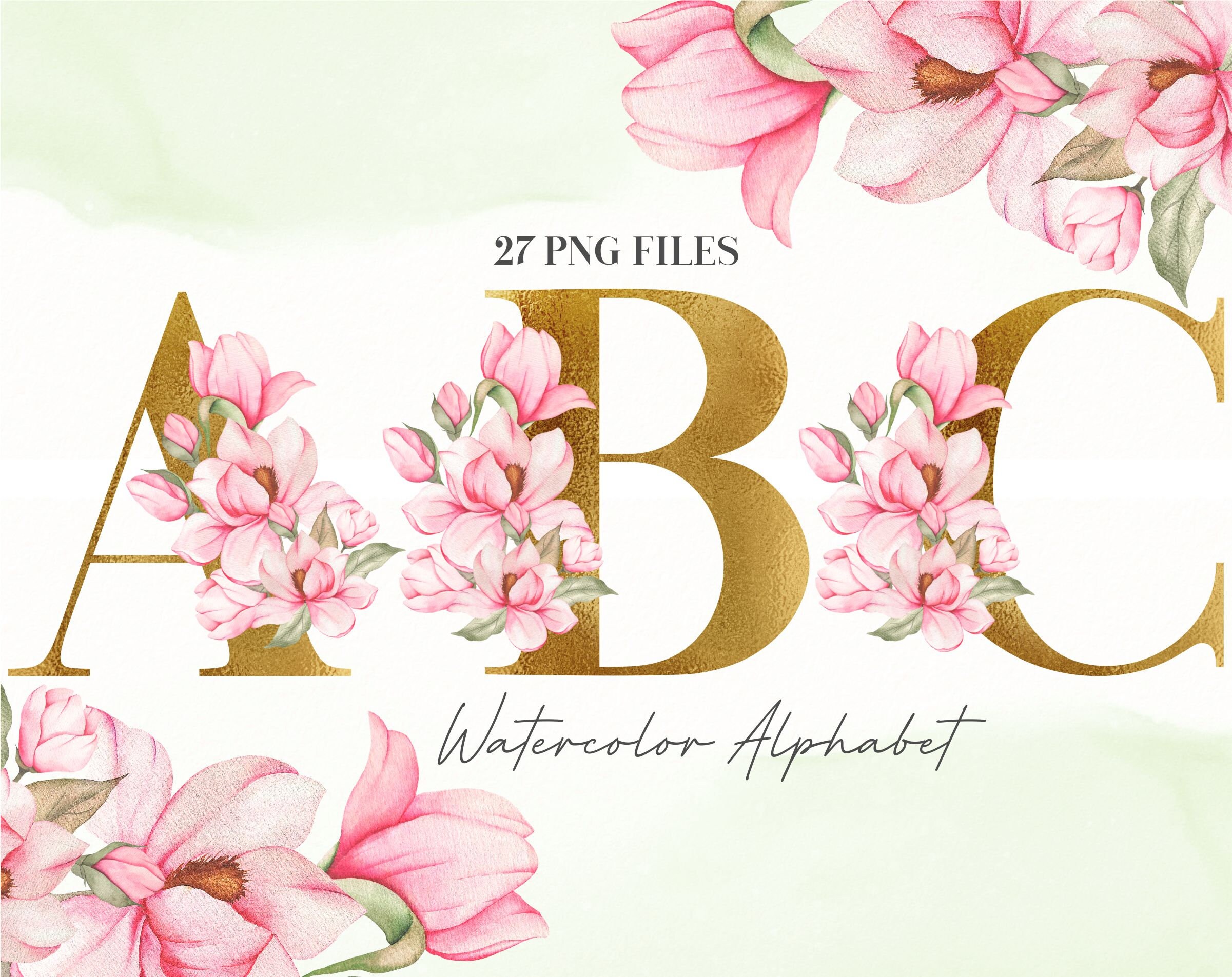 Bundle Watercolor Flowers Alphabet PNG Gold Letters Alphabet - Etsy