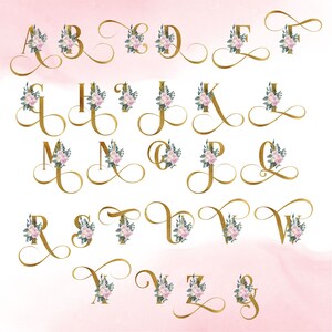 Watercolor Flowers Alphabet PNG, Gold Letters Soft Pink Floral Alphabet ...