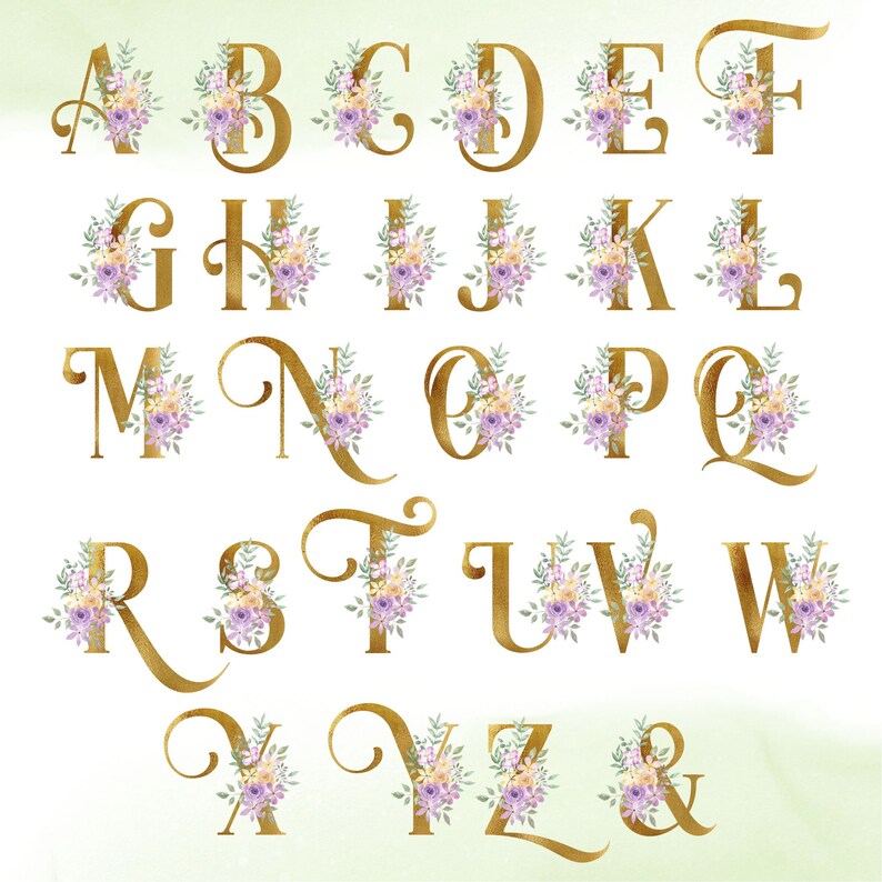 Bundle Watercolor Flowers Alphabet PNG Gold Letters Alphabet - Etsy