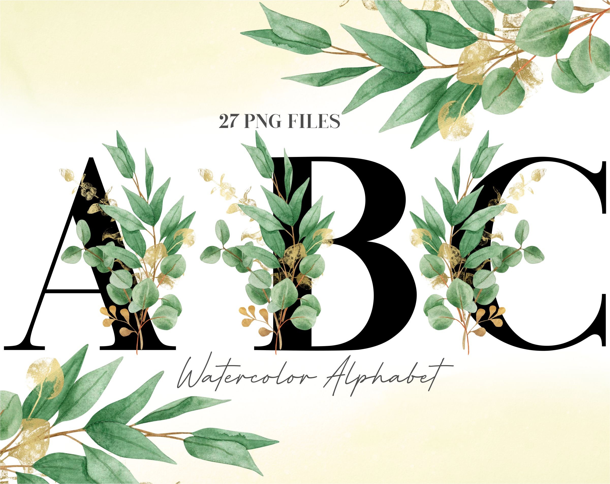 Watercolor Flowers Alphabet PNG Green Gold Leaves Floral | Etsy