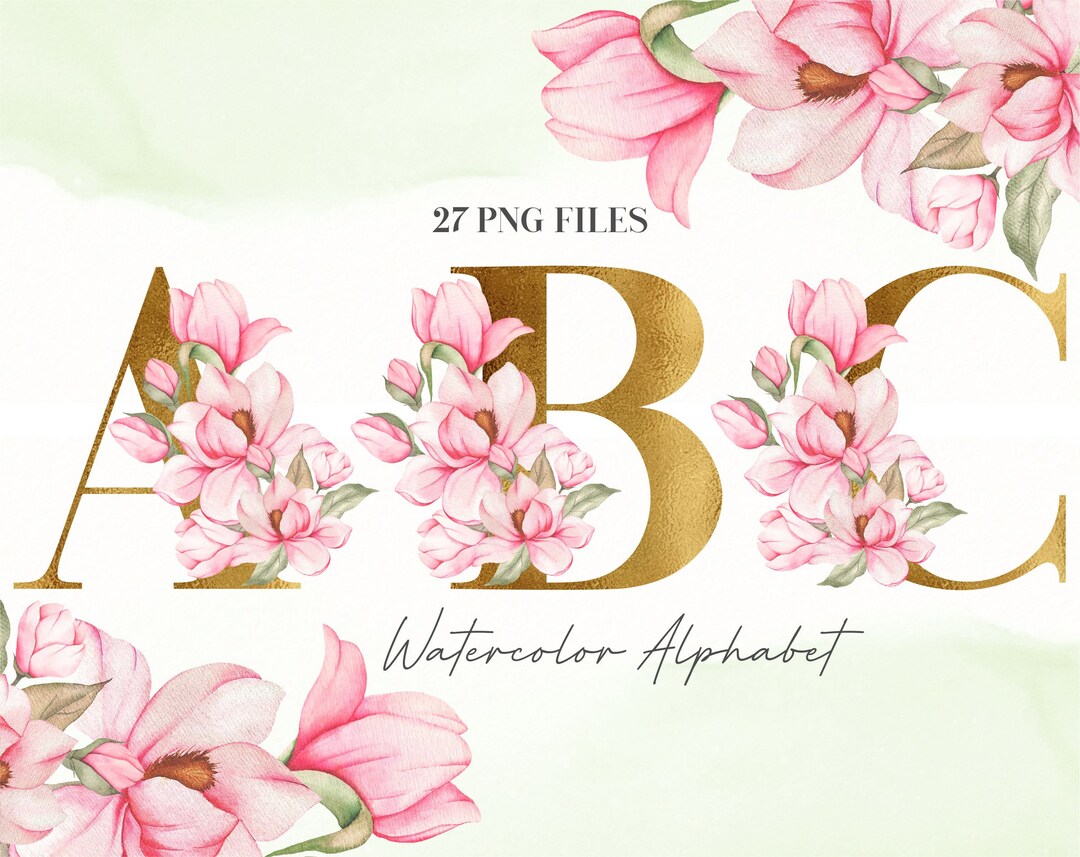 Watercolor Flowers Alphabet PNG, Gold Soft Pink Floral Alphabet ...