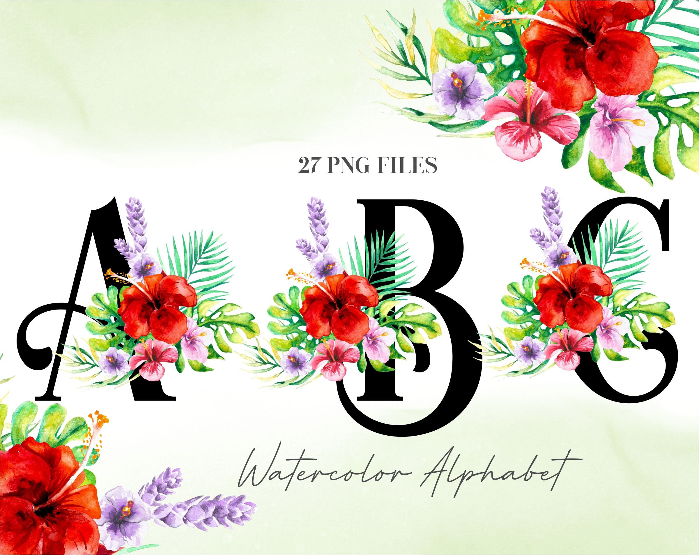 Bundle Watercolor Flowers Alphabet PNG, Black Red Floral Alphabet ...