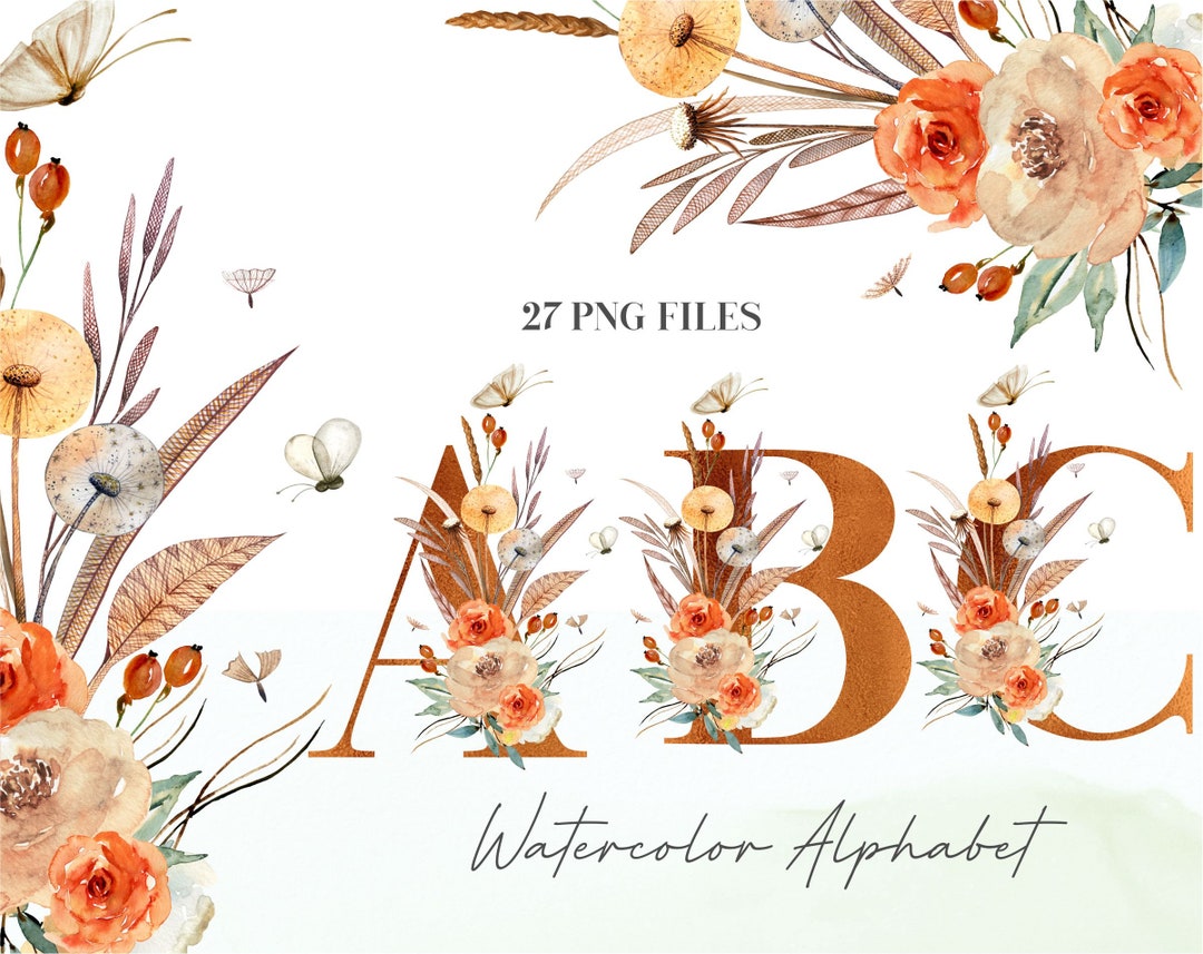 Watercolor Flowers Alphabet PNG, Autumn Gold Pink Floral Alphabet ...