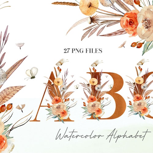 Watercolor Floral Alphabet Clipart Gold Letters Clip Art - Etsy
