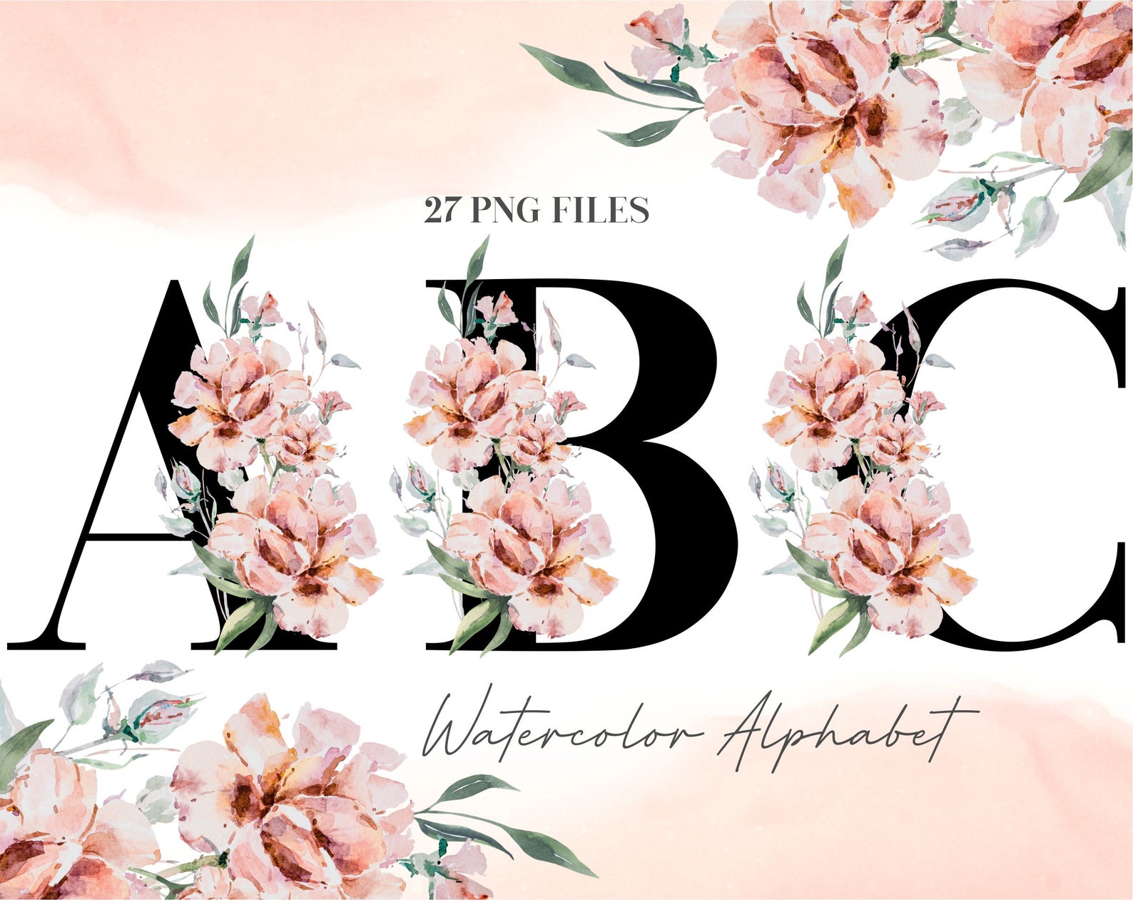 Bundle Watercolor Flowers Alphabet PNG Black Letters Alphabet | Etsy