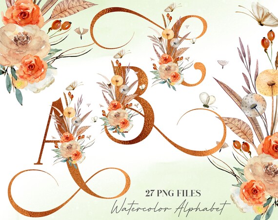 Watercolor Flowers Alphabet PNG Autumn Gold Pink Floral - Etsy