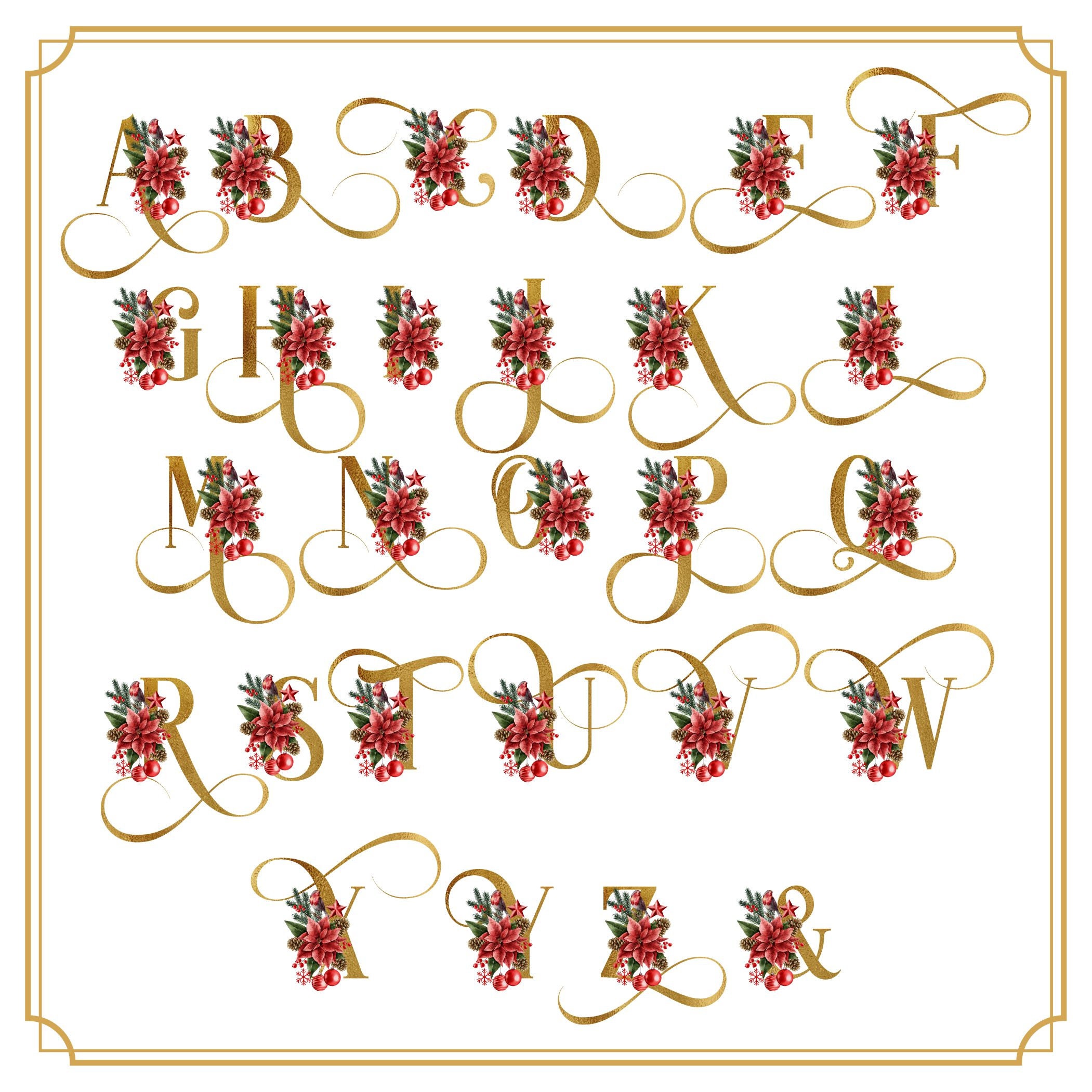 Christmas Watercolor Flowers Alphabet PNG Gold Red Green - Etsy