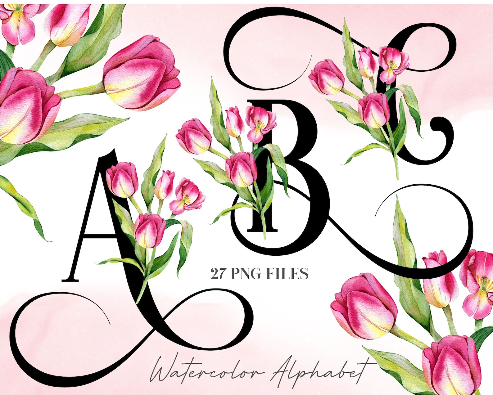 Watercolor Flowers Alphabet PNG Pink Tulips Floral Alphabet - Etsy
