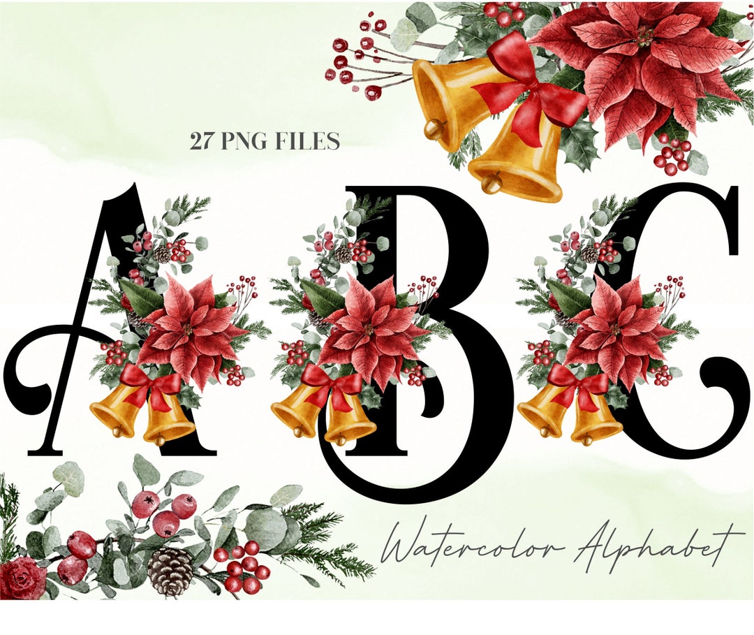 Christmas Watercolor Flowers Alphabet PNG, Black Red Floral Alphabet ...