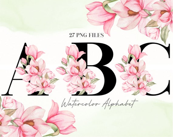 Black Pink Floral Alphabet Clip Art Rose Botanical Uppercase Alphabet ...