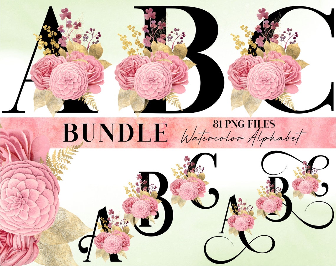 Bundle Watercolor Flowers Alphabet PNG Black Letters Alphabet - Etsy