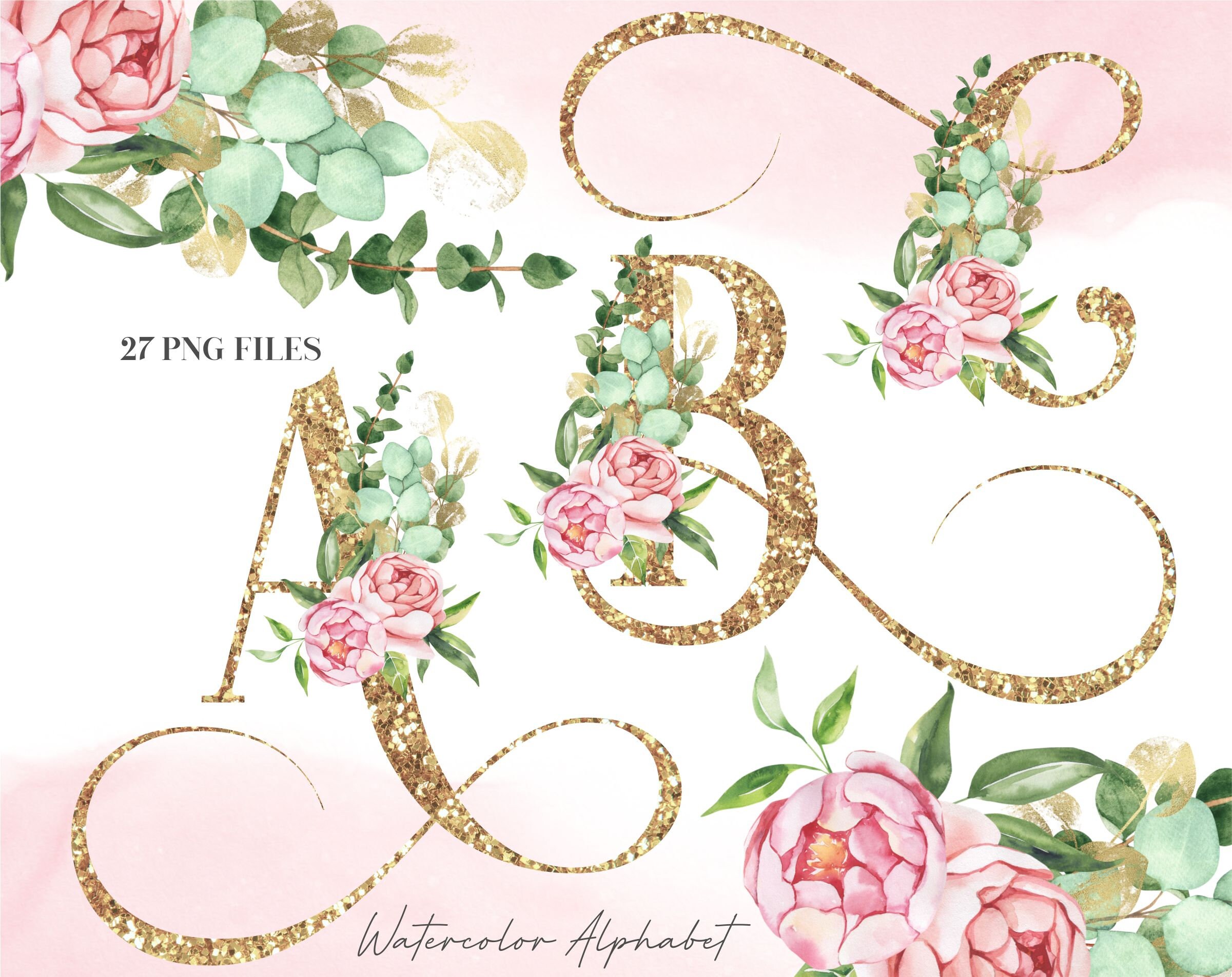 Bundle Watercolor Flowers Alphabet PNG, Gold Glitter Alphabet ...
