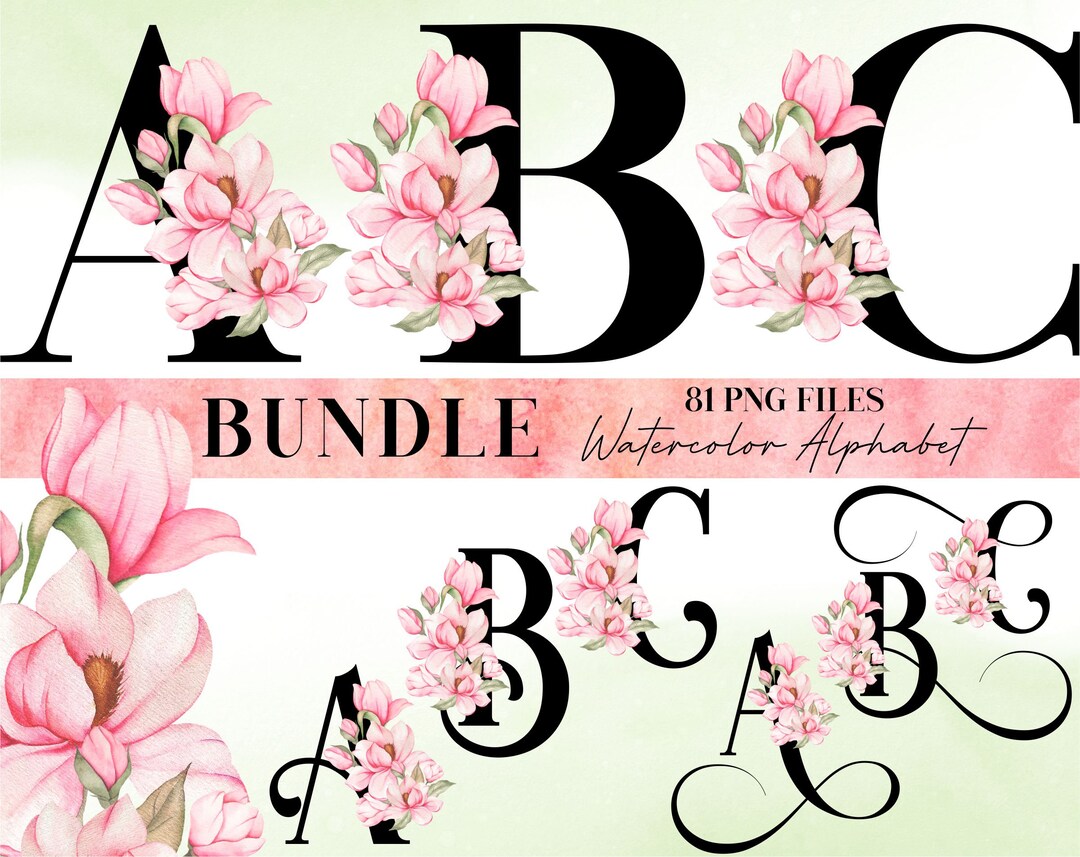 Bundle Watercolor Flowers Alphabet PNG, Black Letters Alphabet ...