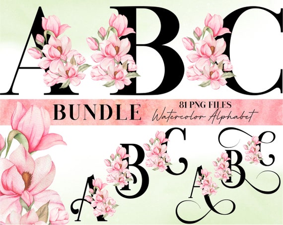 Bundle Watercolor Flowers Alphabet PNG Black Letters Alphabet | Etsy