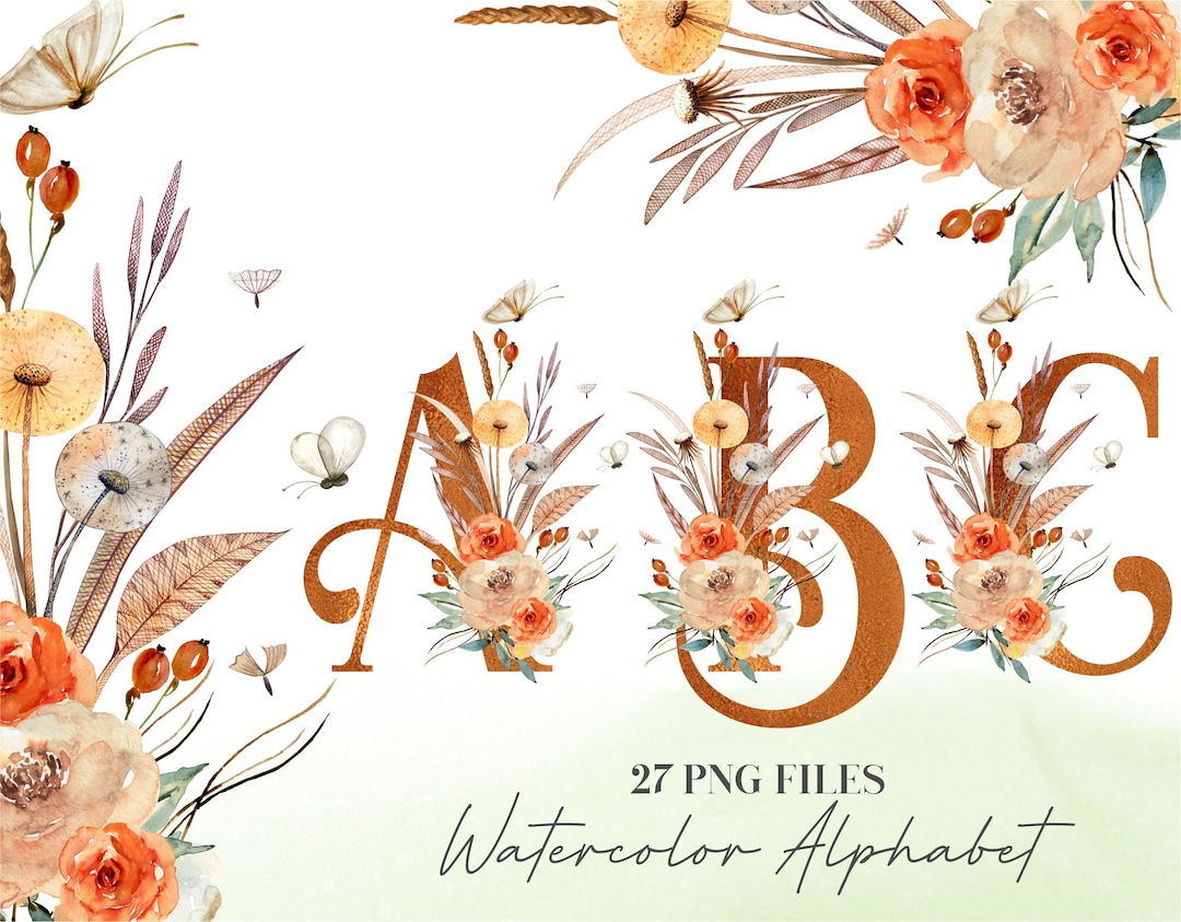 Watercolor Flowers Alphabet PNG, Autumn Gold Pink Floral Alphabet ...