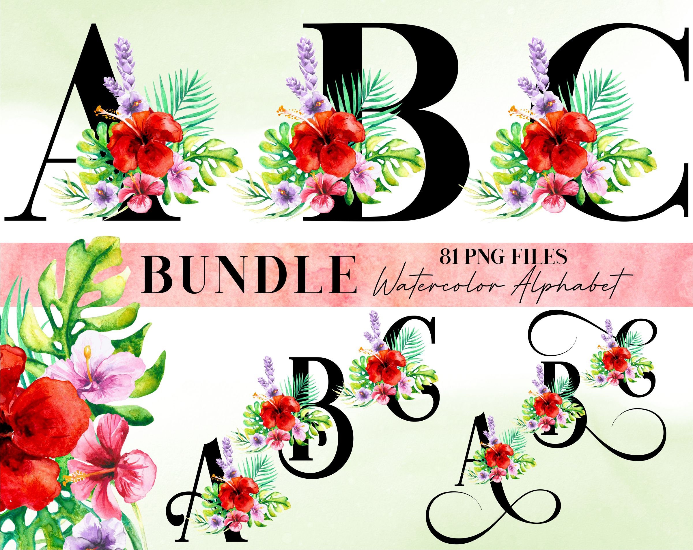 Bundle Watercolor Flowers Alphabet PNG Black Red Floral - Etsy