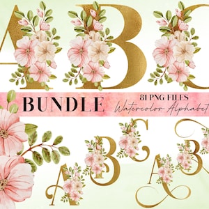 Bundle Watercolor Flowers Alphabet PNG, Gold Letters Alphabet ...
