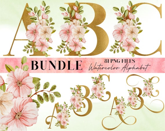 Bundle Watercolor Flowers Alphabet PNG Gold Letters Alphabet | Etsy
