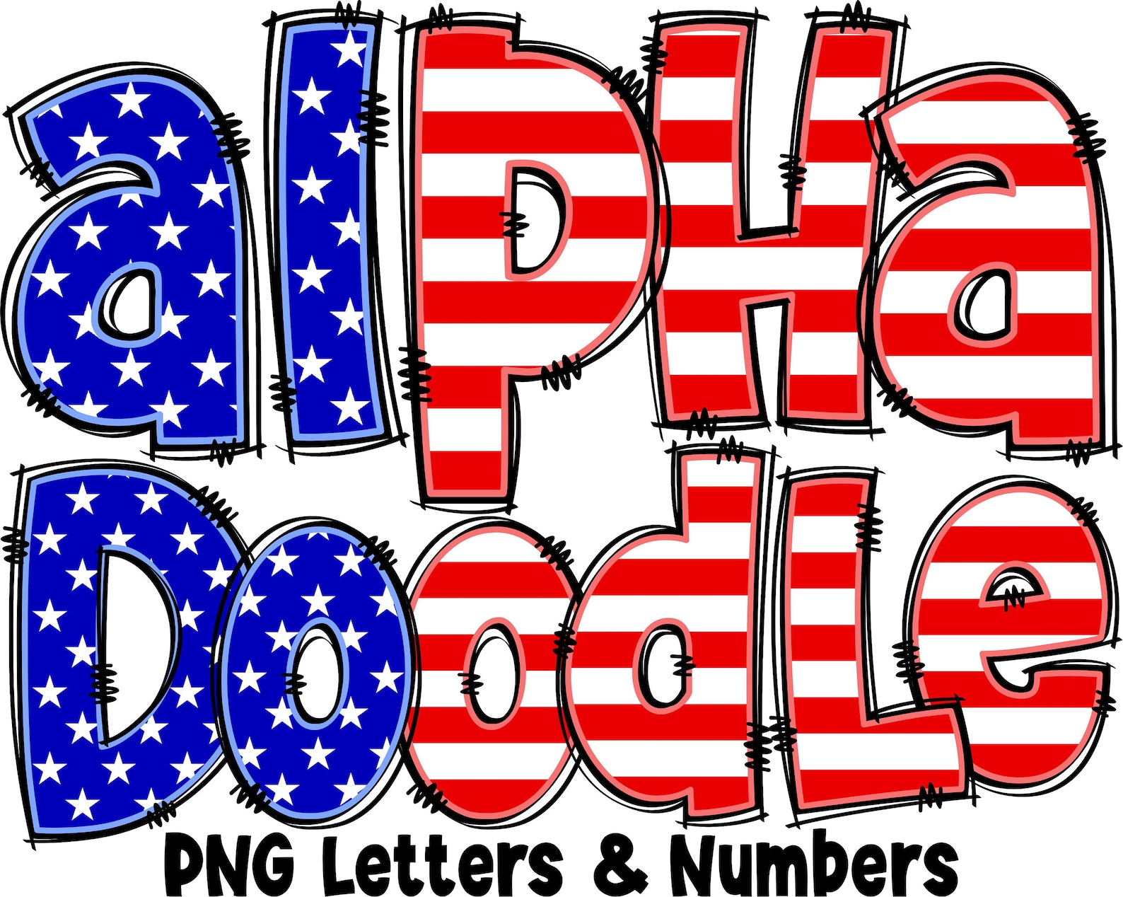 Patriotic Doodle Letters Alphabet PNG 4th of July - Etsy