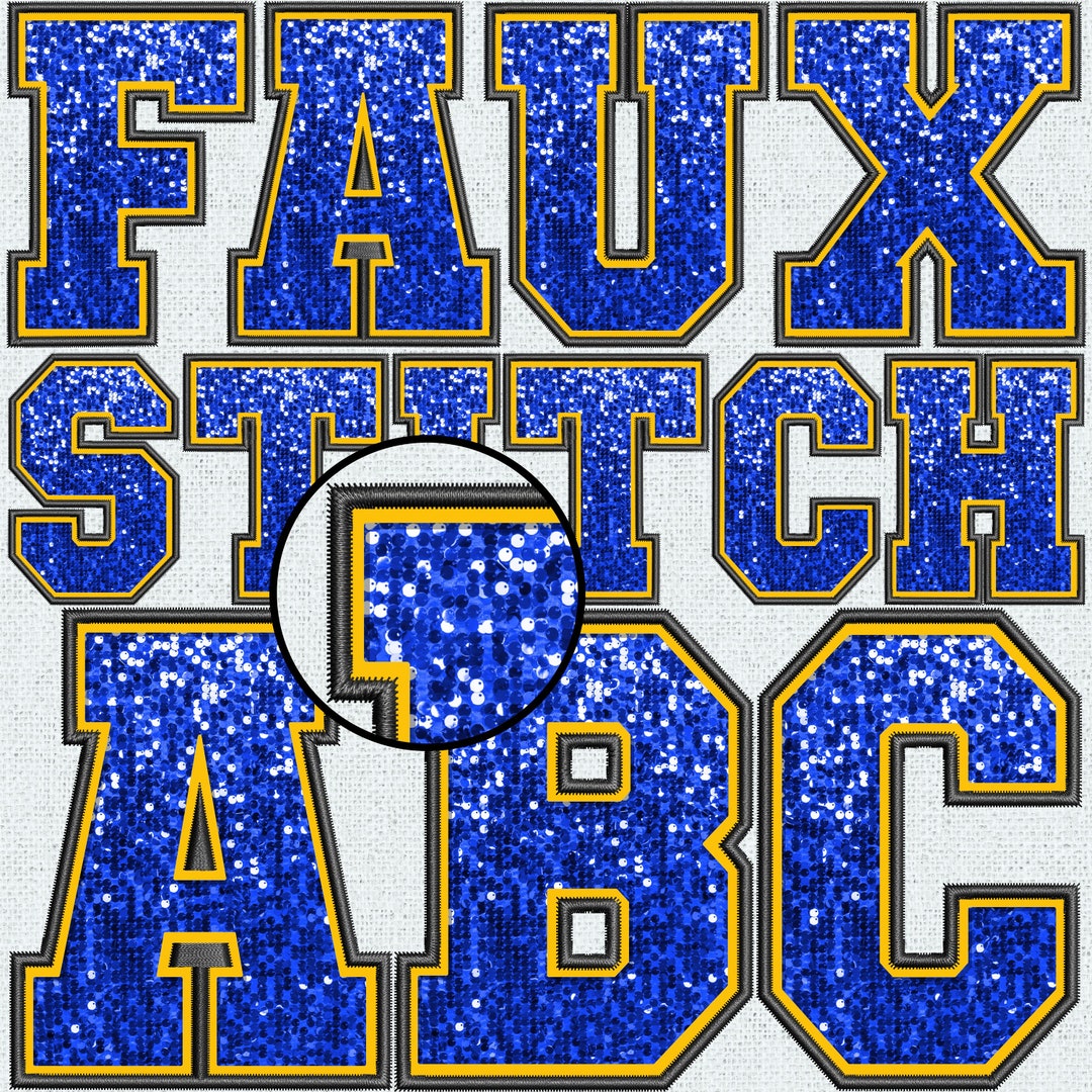 Faux Embroidery Blue Gold Sequin Letters, Faux Sequin Patch, Blue Faux ...