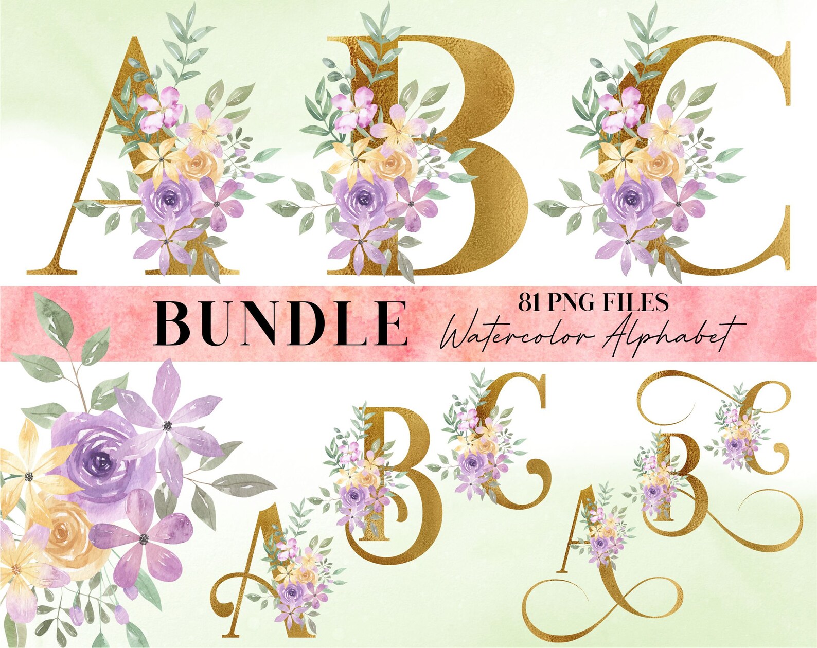 Bundle Watercolor Flowers Alphabet PNG Gold Letters Alphabet - Etsy