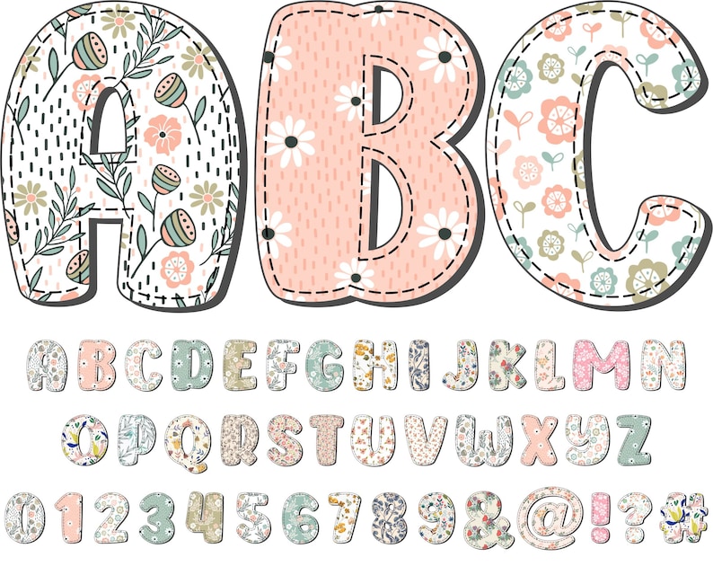 Faux Applique Spring Floral Alphabet PNG, Doodle Alpha, Doodle Flowers ...