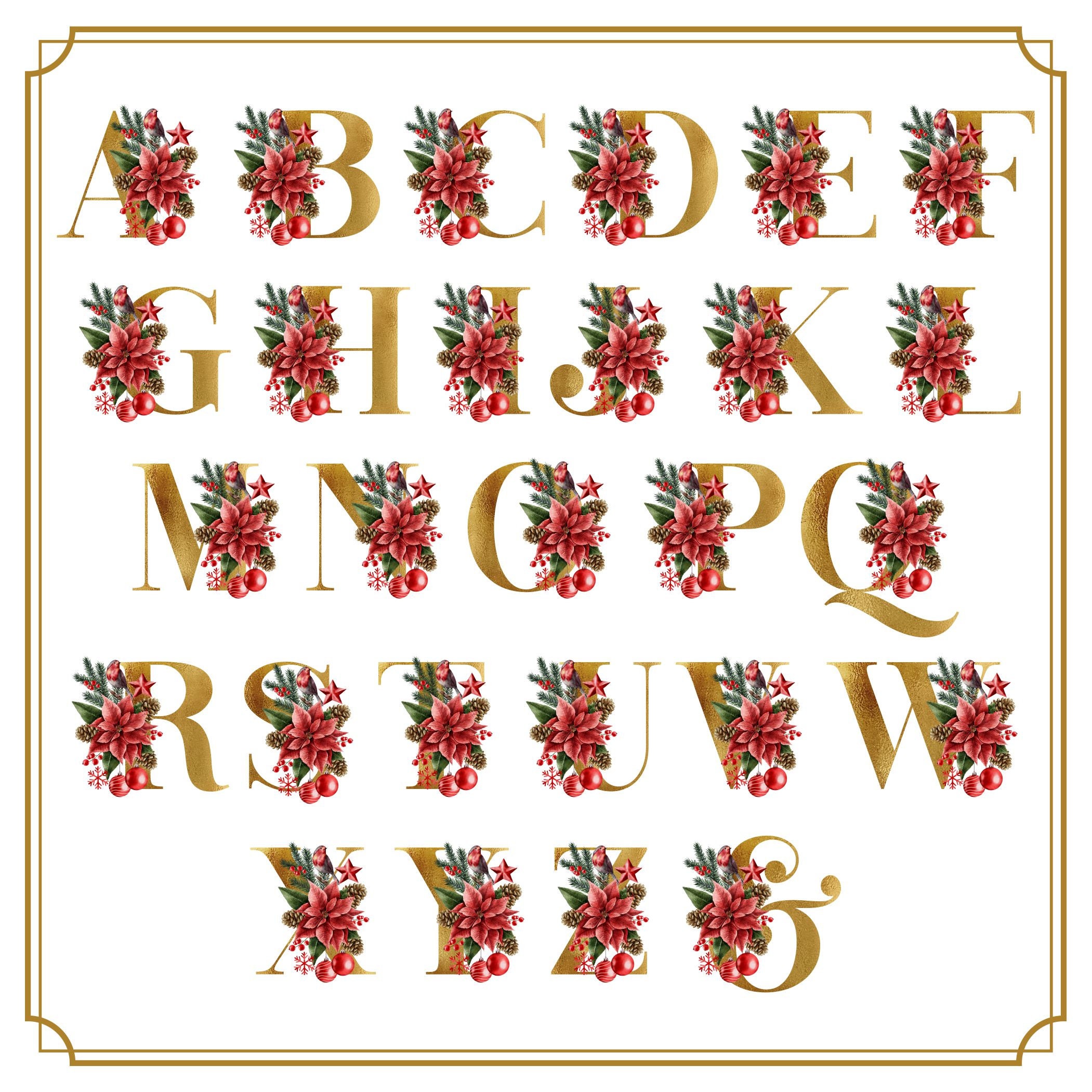 Christmas Watercolor Flowers Alphabet PNG Gold Red Bird - Etsy