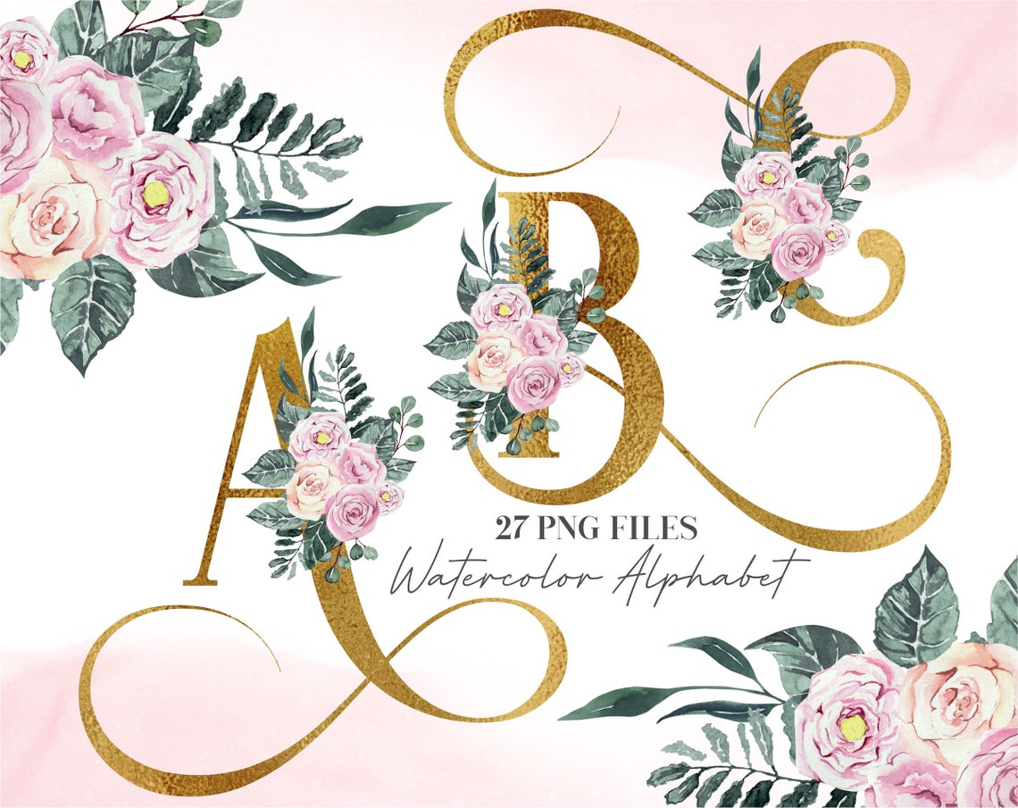 Watercolor Flowers Alphabet PNG Gold Letters Soft Pink Floral | Etsy